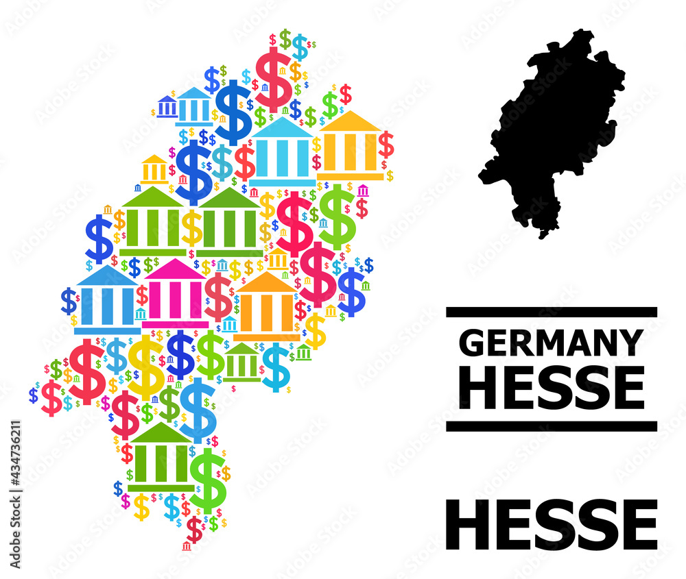 Colorful bank and economics mosaic and solid map of Hesse State. Map of ...