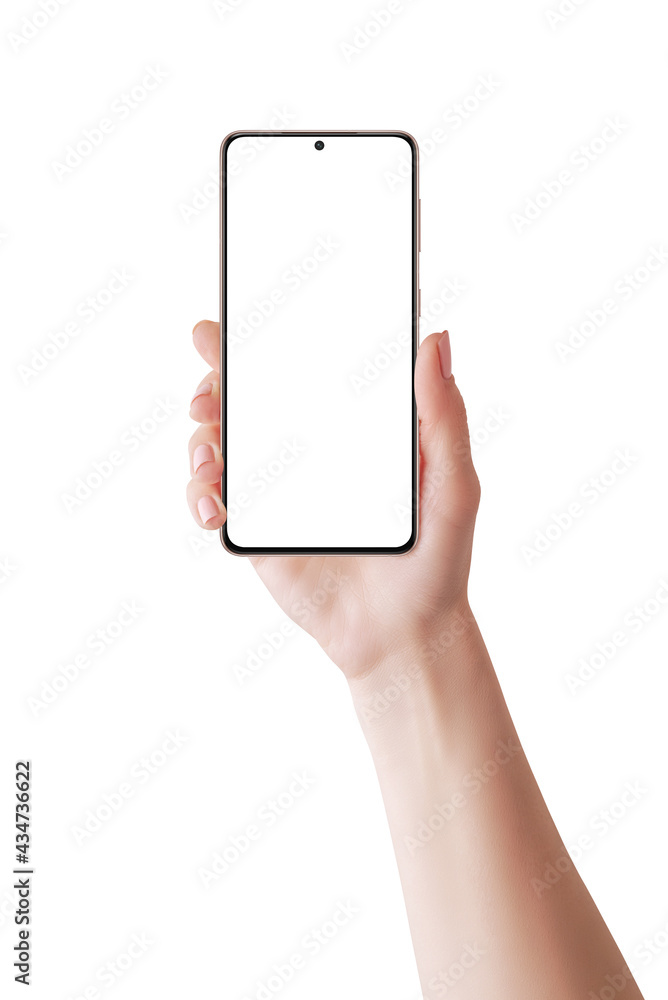 Modern smart phone in woman hand. Isolated screen and background for ...