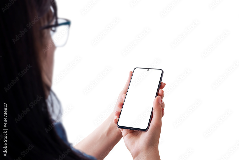 Woman holding smart phone with isolated screen for mockup, app ...