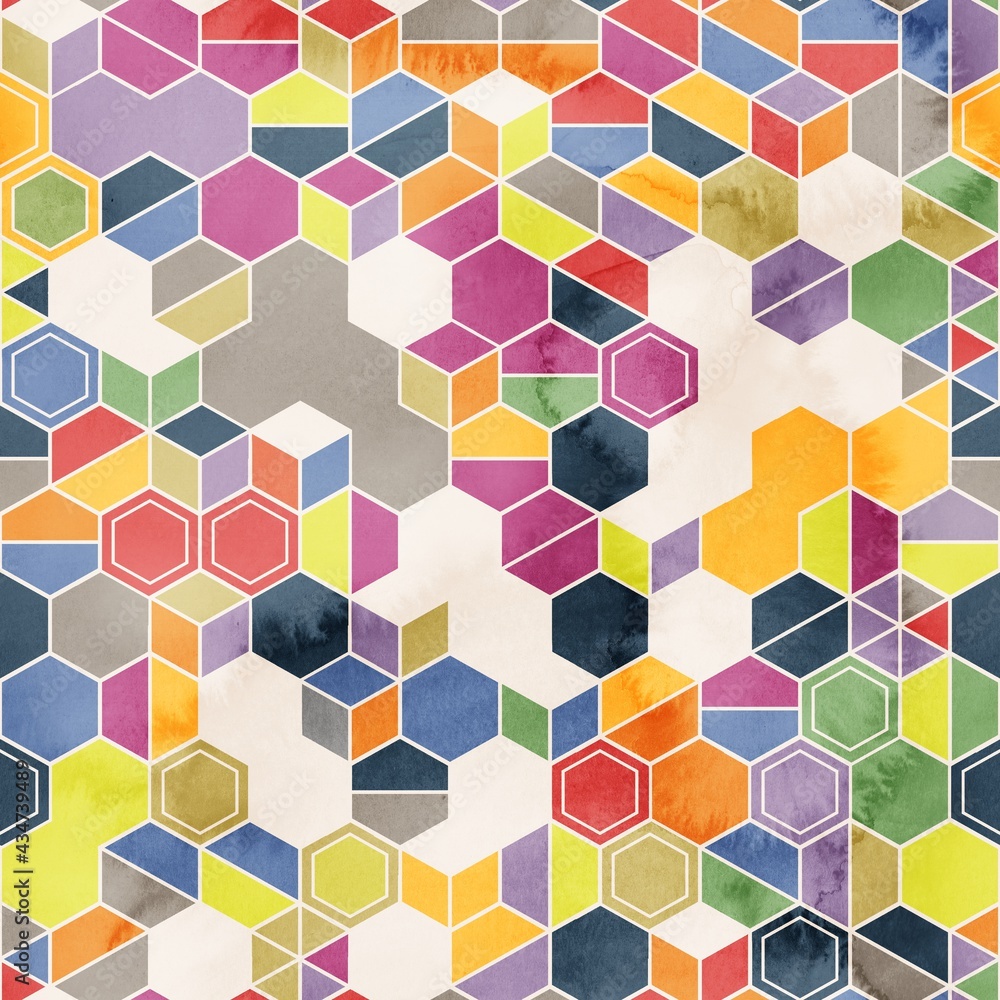 Seamless pattern of hexagons in random colors in watercolor. High ...