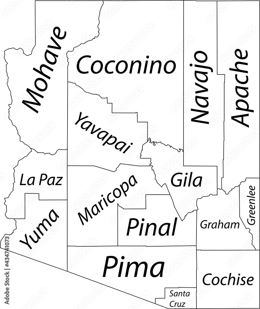White blank vector map of the Federal State of Arizona, USA with black ...