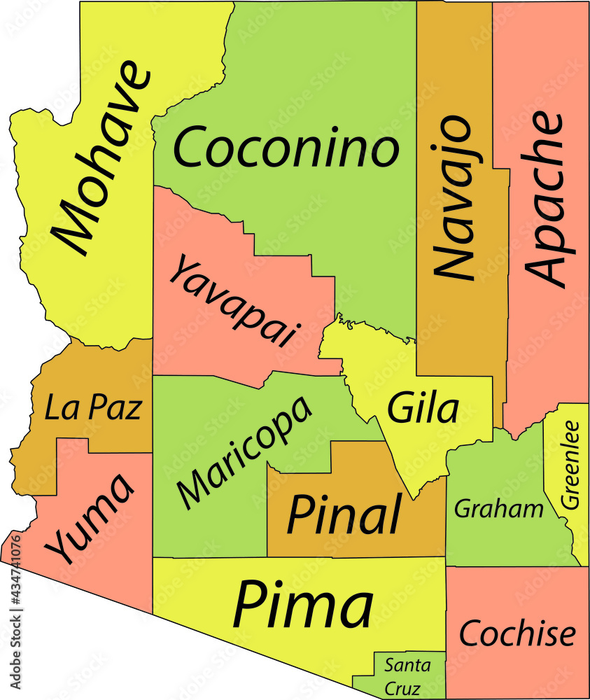 Pastel vector map of the Federal State of Arizona, USA with black ...