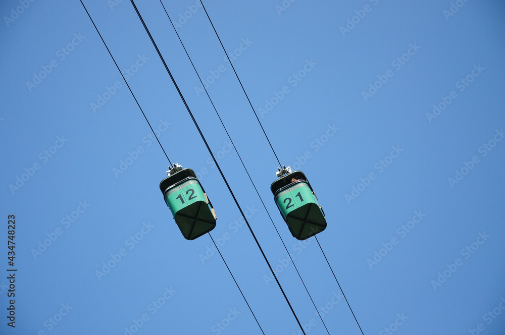 cable car with numbered cabins over Balboa Park in San Diego ...