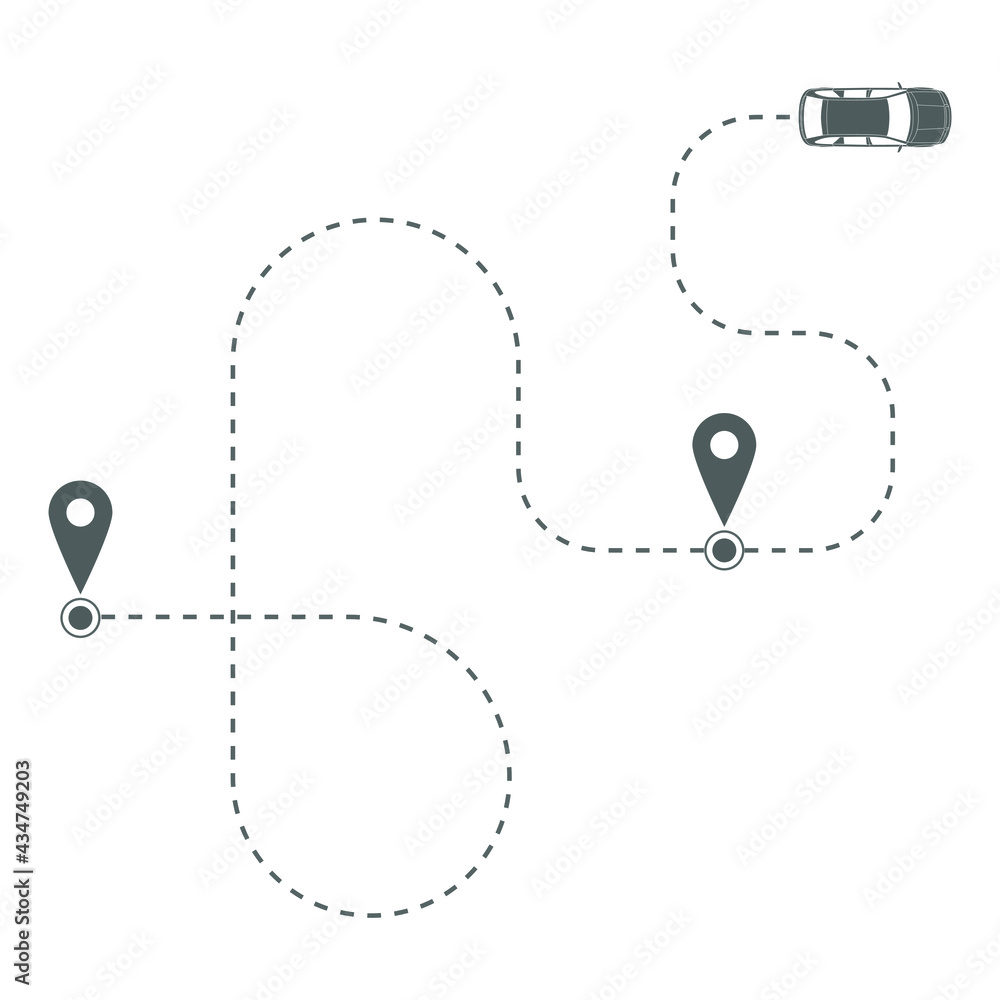 The route of the car in the form of a dotted line. Abstract grey car ...
