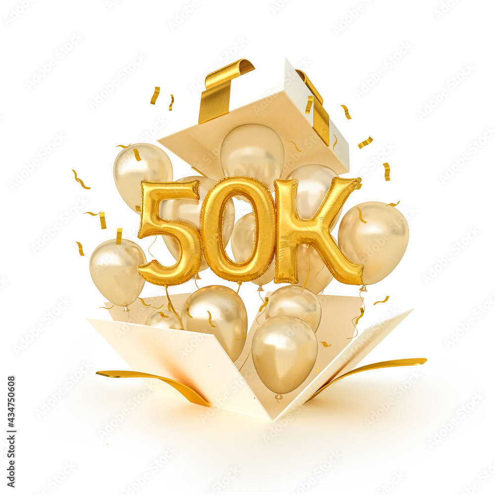 Golden balloons in celebration of 50k followers. Gift box with flying ... Golden balloons in celebration of 50k followers. Gift box with flying ...