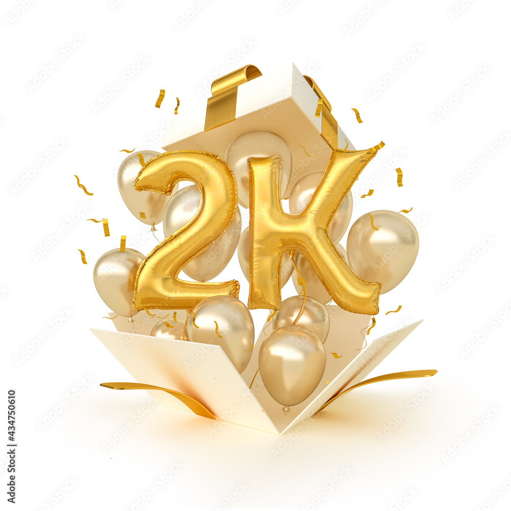 Golden balloons in celebration of 2k followers. Gift box with flying ...