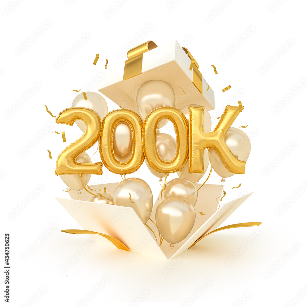 Golden balloons in celebration of 200k followers. Gift box with flying ...