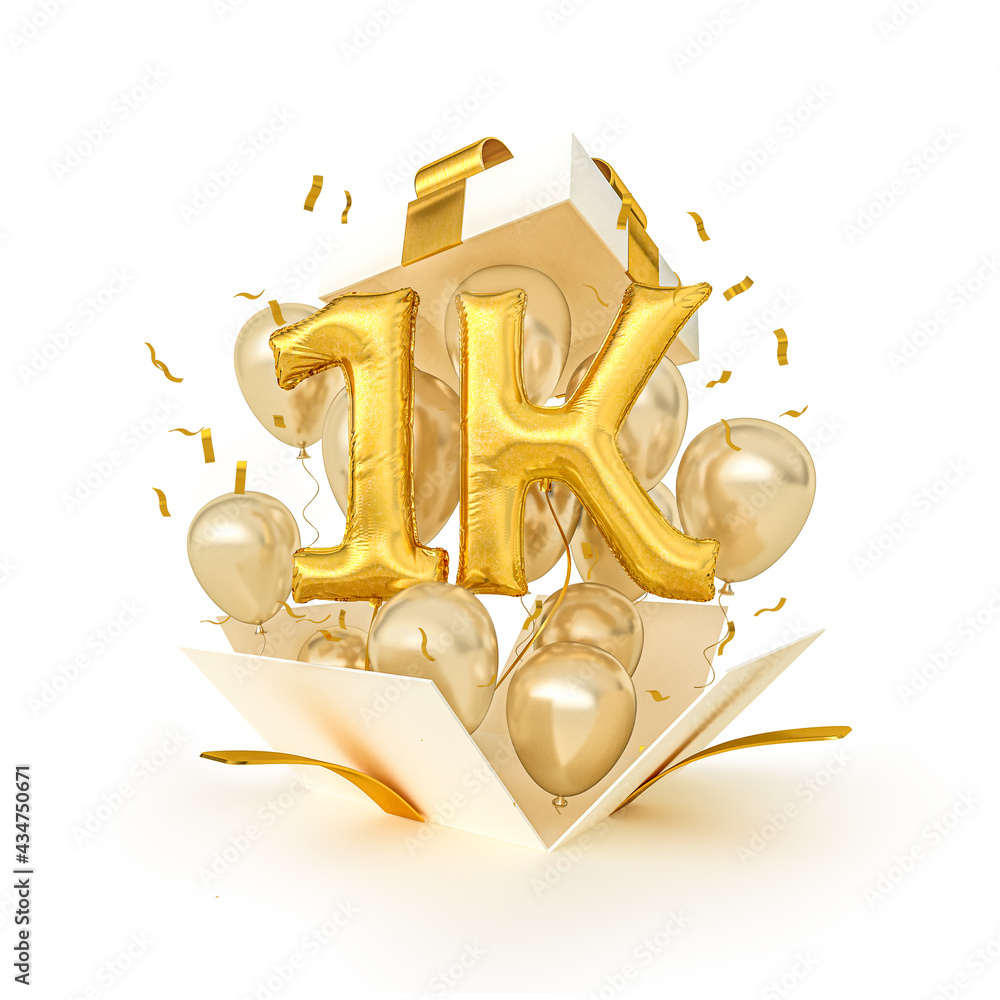 Golden balloons in celebration of 1k followers. Gift box with flying ...