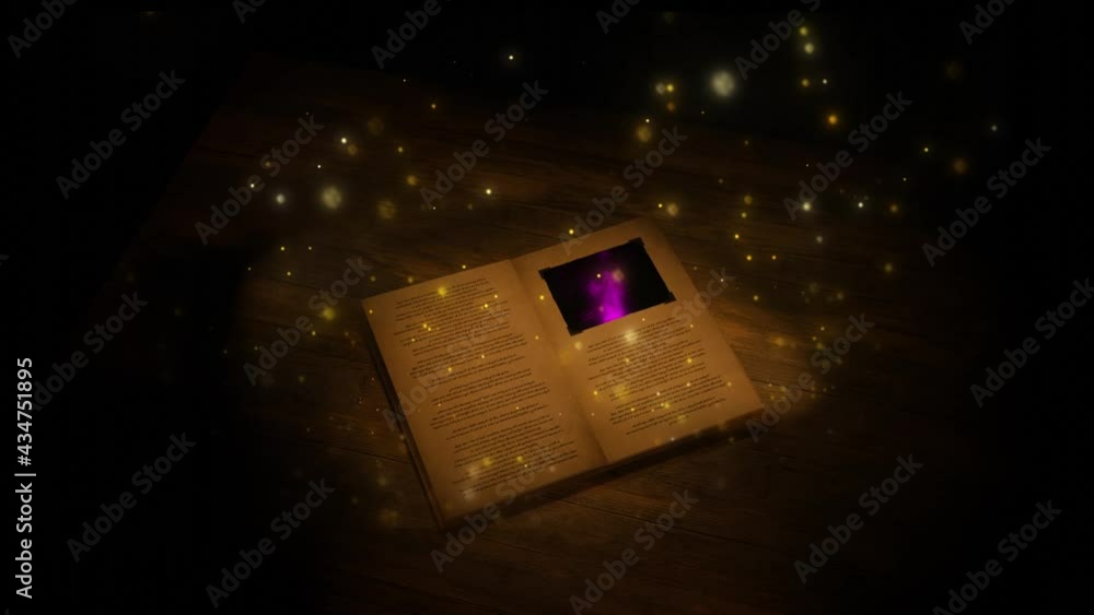 Spell book turning page with flying mystical dust particles. Glowing ...