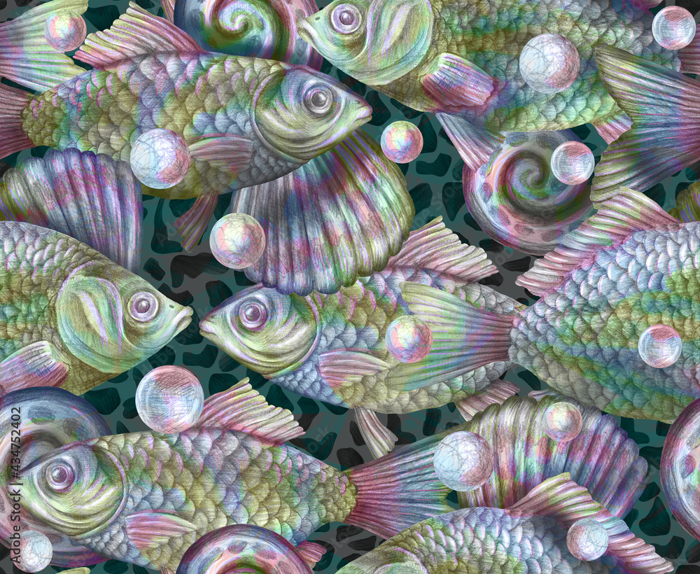 Pencil-drawn river fish carp or dorado in a stylish seamless pattern ...