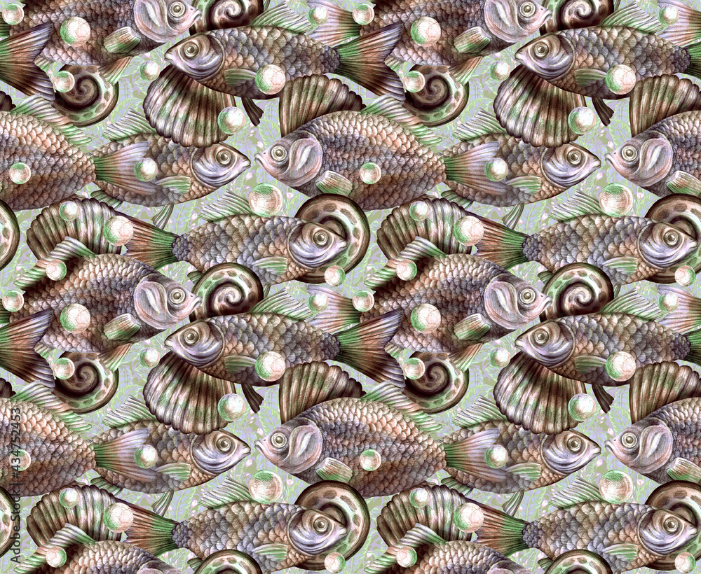 Pencil-drawn river fish carp or dorado in a stylish seamless pattern ...