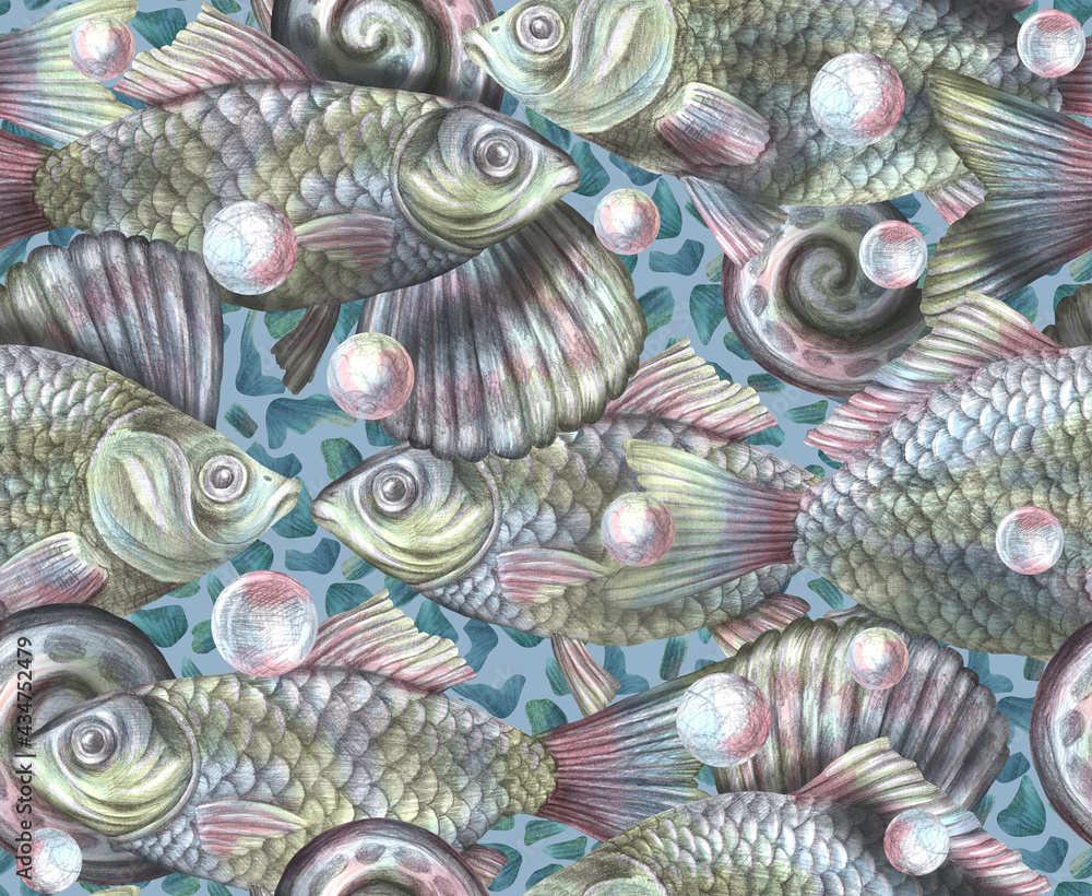 Pencil-drawn river fish carp or dorado in a stylish seamless pattern ...