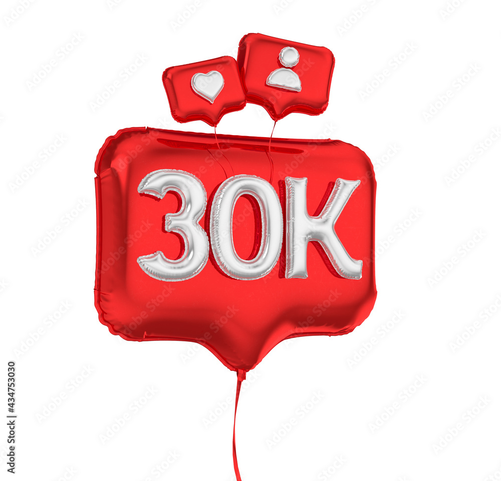 Red balloons in celebration of 30k followers. Like balloon. 3d ...
