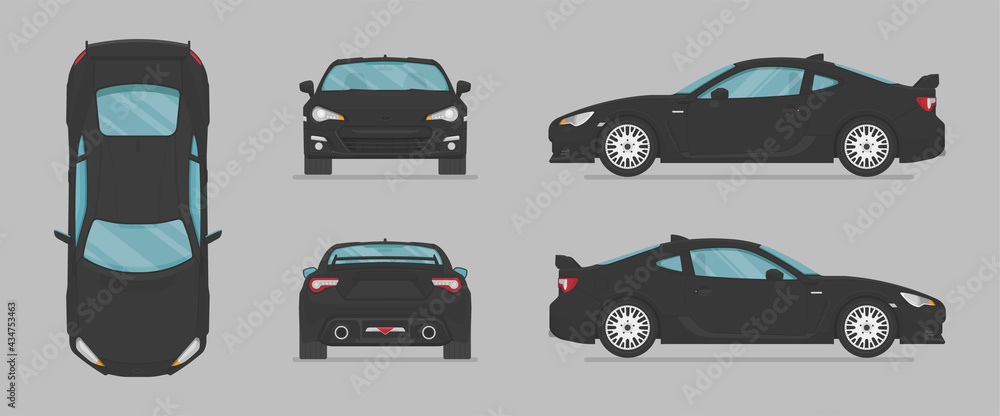 Vector black sport car. Side view, front view, back view, top view ...