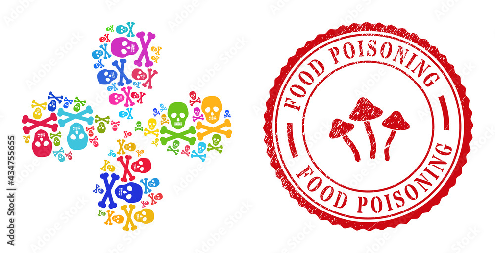 Death skull multi colored swirl flower shape, and red round FOOD ...