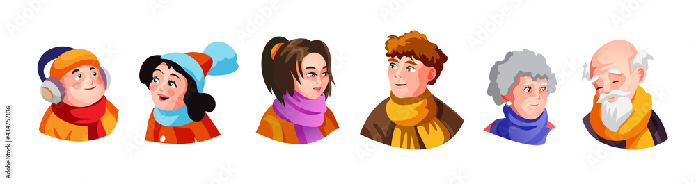 A set of cute big family heads illustrations in various autumn clothes ...