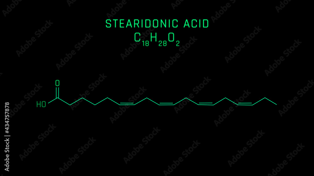 Stearidonic acid or SDA Molecular Structure Symbol Neon on black ...