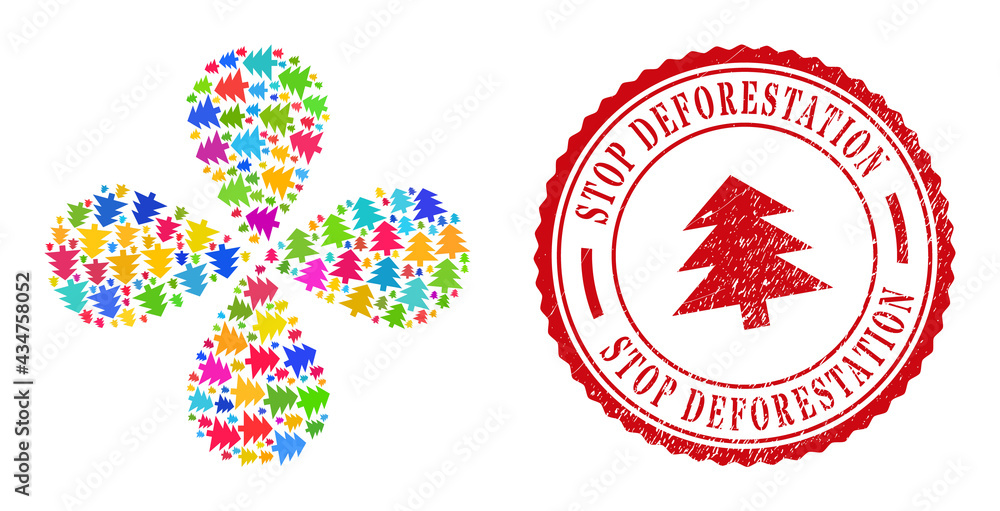 Fir tree bright rotation flower with 4 petals, and red round STOP ...