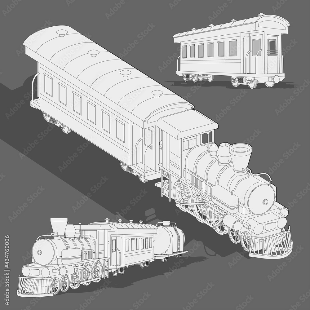 Realistic steam train sketch template.Vector coloring page 3d model ...