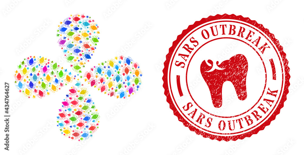 Parasite colorful swirl flower with four petals, and red round SARS ...