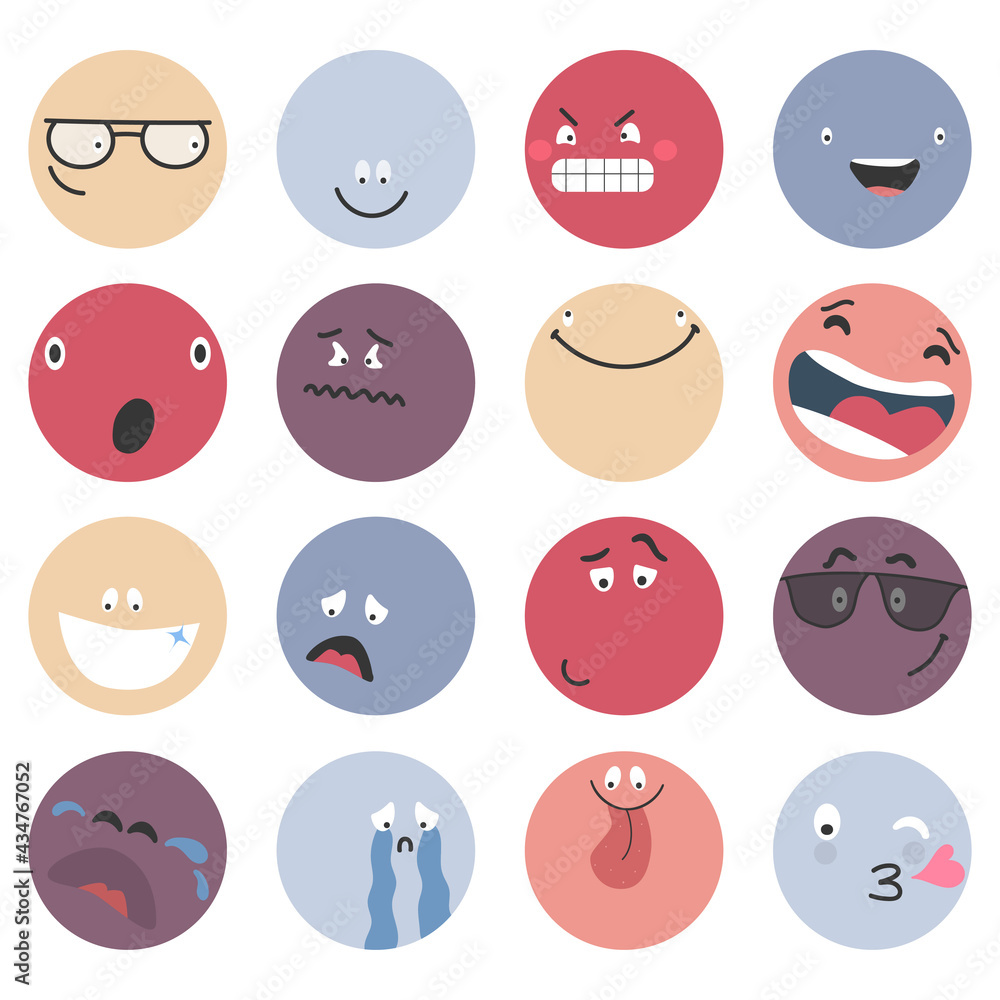 Round abstract comic Faces with various Emotions. Different colorful ...