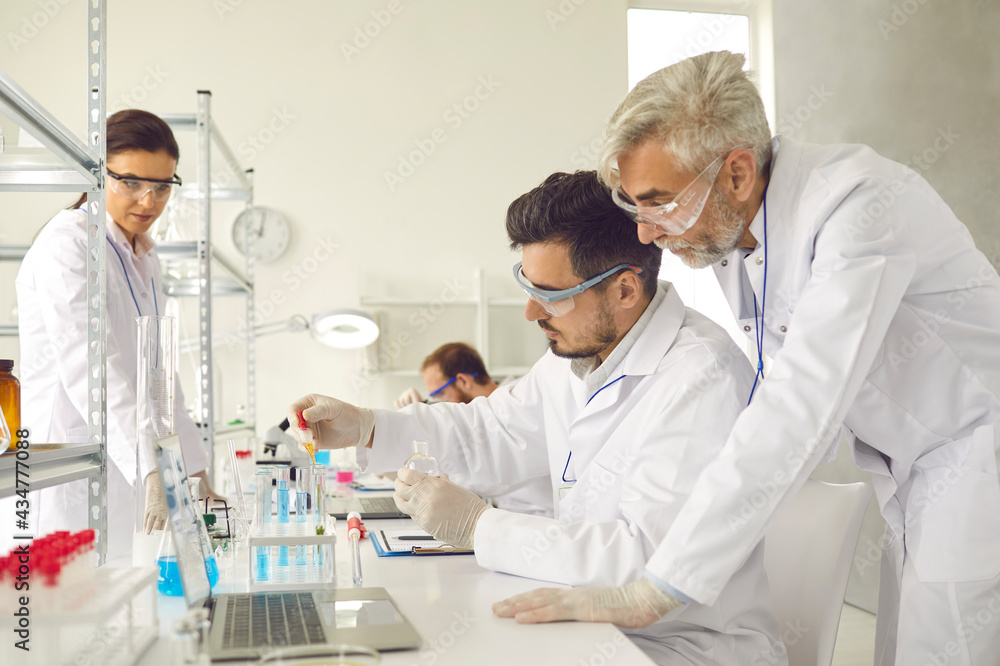 Group of serious interested scientists working in laboratory, doing ...