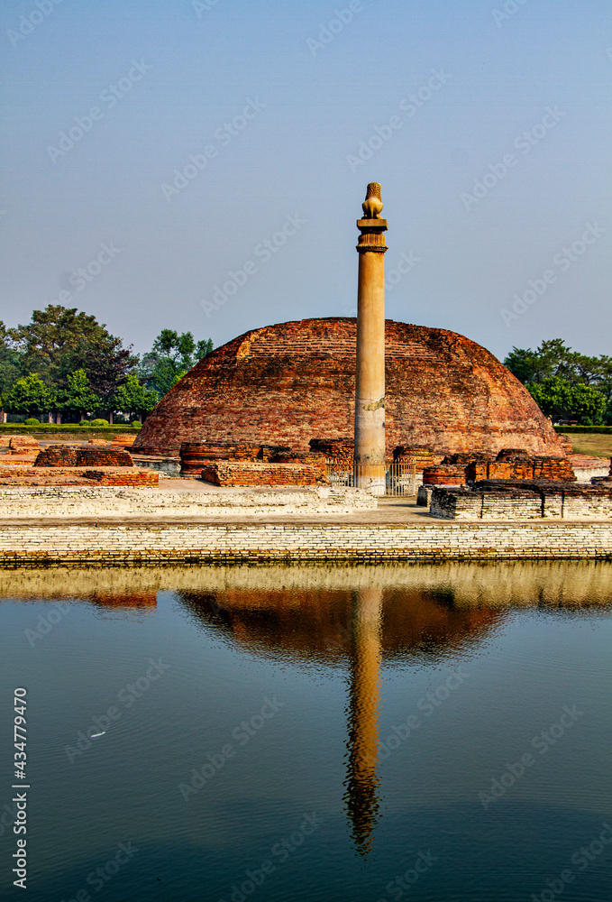 Ananda Stupa with Lion on Pillar, located in Vaishali in India. Budha's ...