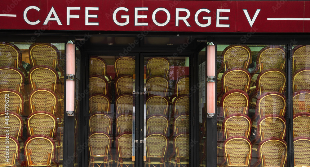 Paris, France - May 9, 2021: Cafe George V on Avenue des Champs-Elysees ...