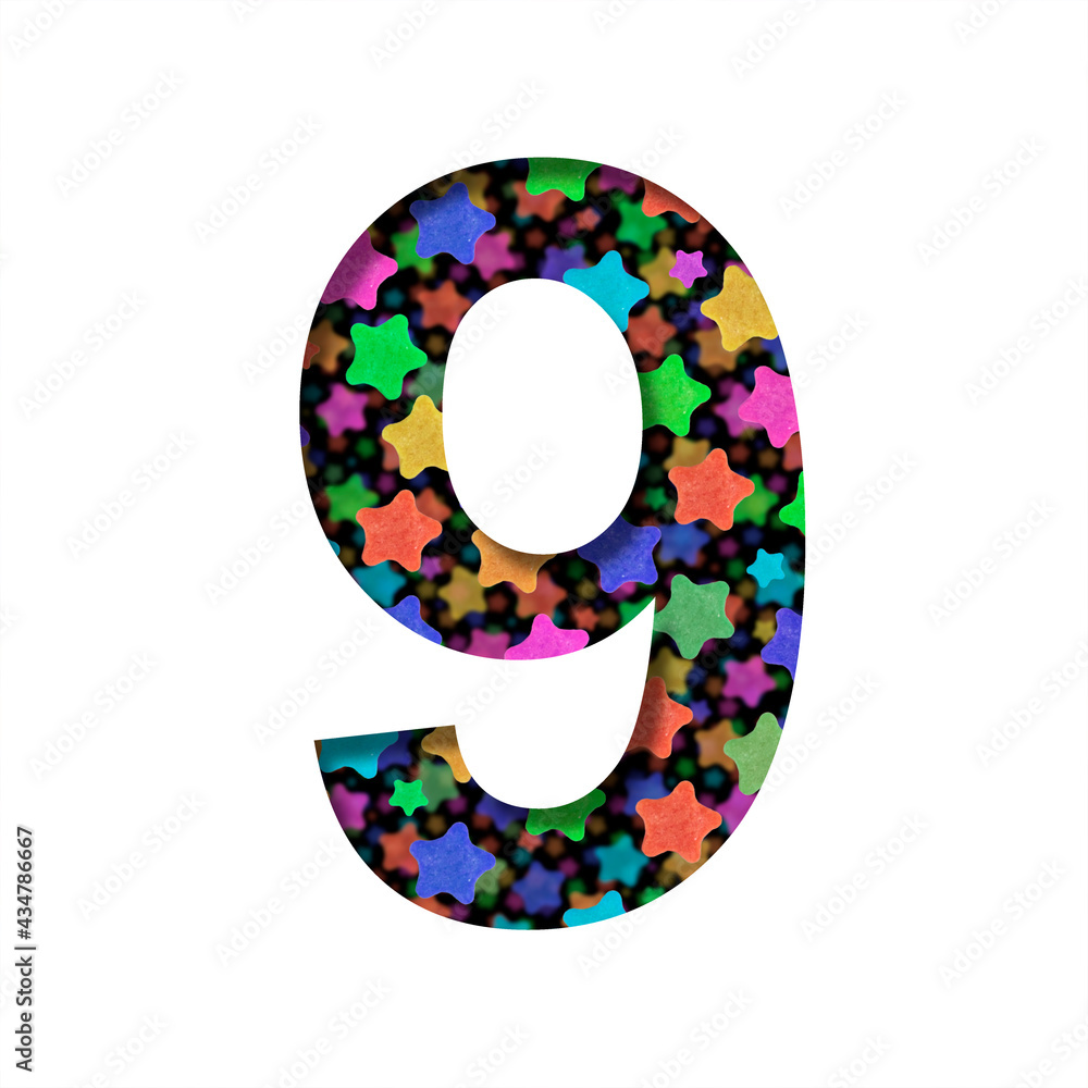 Font with Christmas stars. The digit nine, 9 cut out of paper on the ...