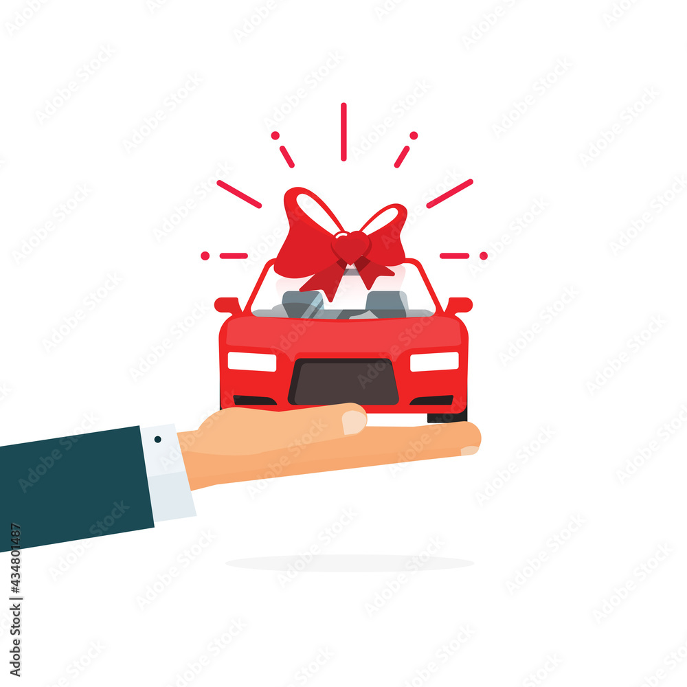 New car gift win or hand giving automobile with bow ribbon vector flat ...