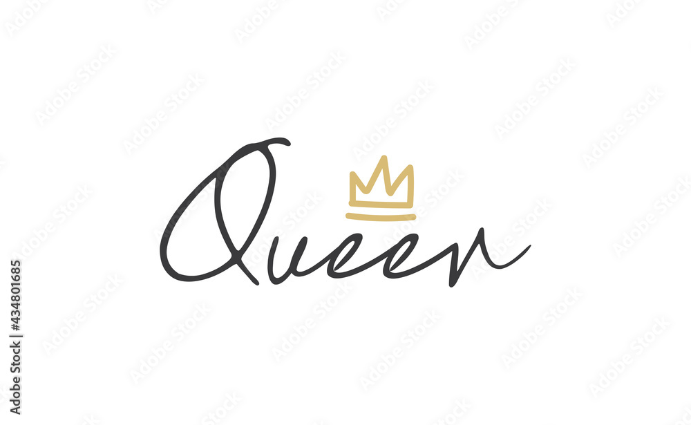 Queen word lettering with gold doodle crown. Vector illustration ...