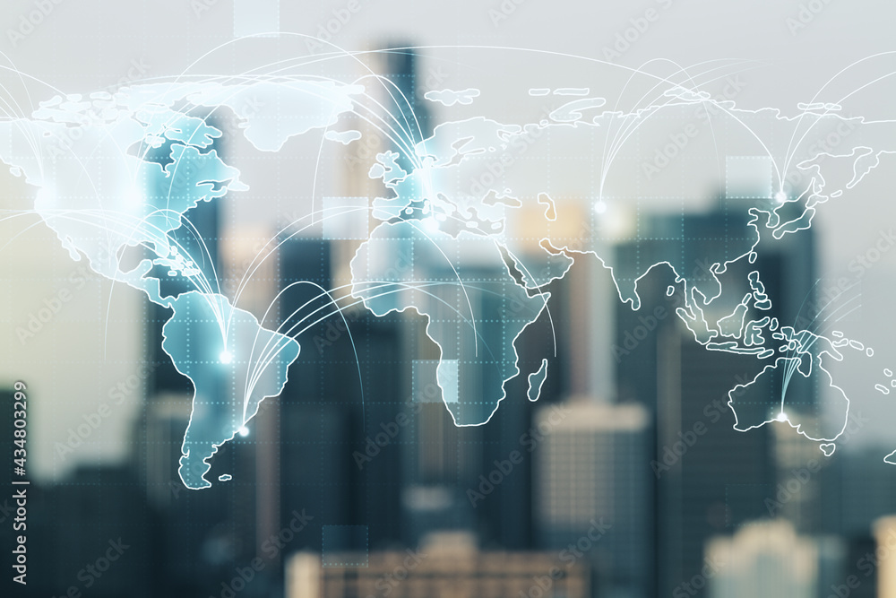 Abstract graphic digital world map hologram with connections on blurry ...