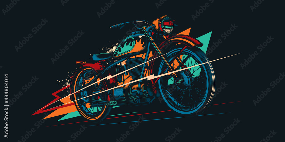 Original vector retro print motorcycle on abstract background rides on ...
