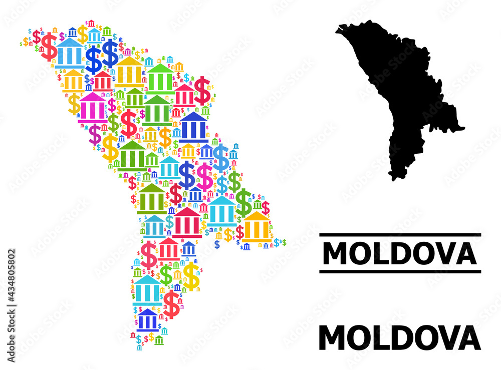 Vibrant bank and dollar mosaic and solid map of Moldova. Map of Moldova ...