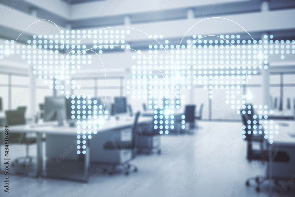 Abstract virtual world map with connections on a modern furnished ...