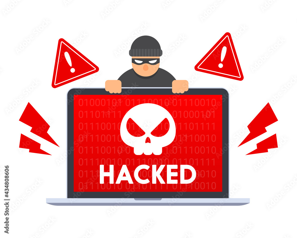 Computer laptop with skull icon and hacked message on screen. Creative security concept of ...