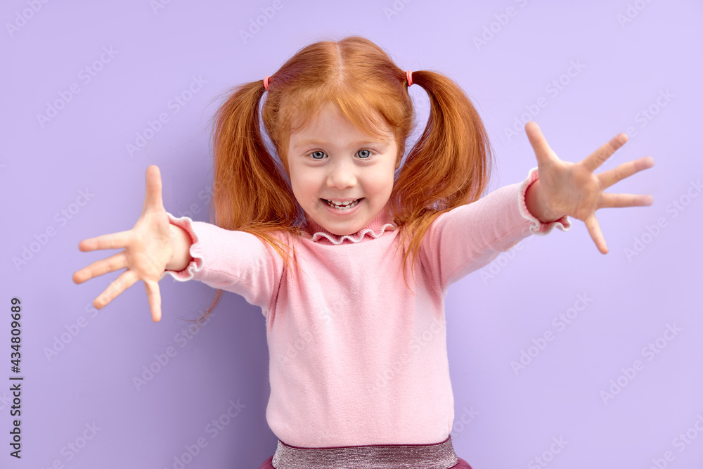 kid girl spread hands arms come here to us calling in hugs isolated ...