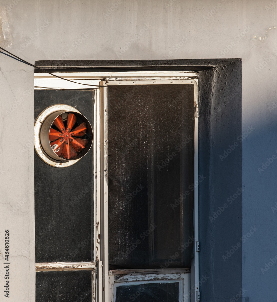 old window with dirty ventilator, air duct, built-in exhaust fan Stock ...