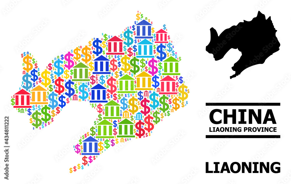 Colored bank and commerce mosaic and solid map of Liaoning Province ...