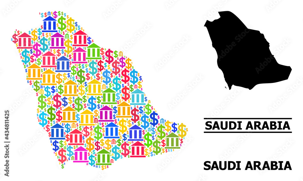 Colored bank and business mosaic and solid map of Saudi Arabia. Map of ...