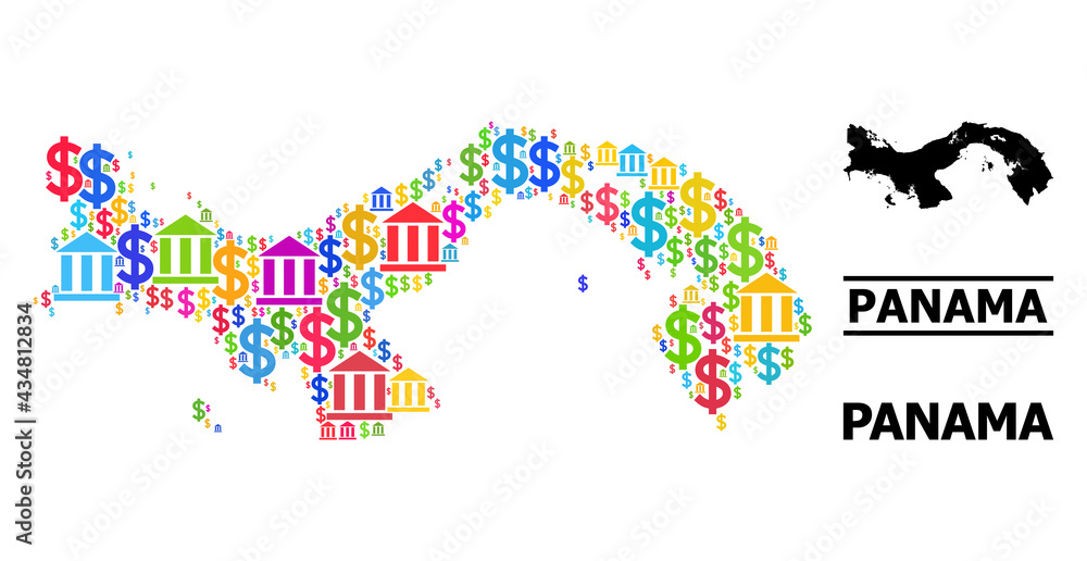 Multicolored bank and dollar mosaic and solid map of Panama. Map of ...