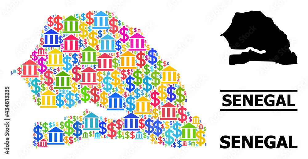 Multicolored bank and business mosaic and solid map of Senegal. Map of ...