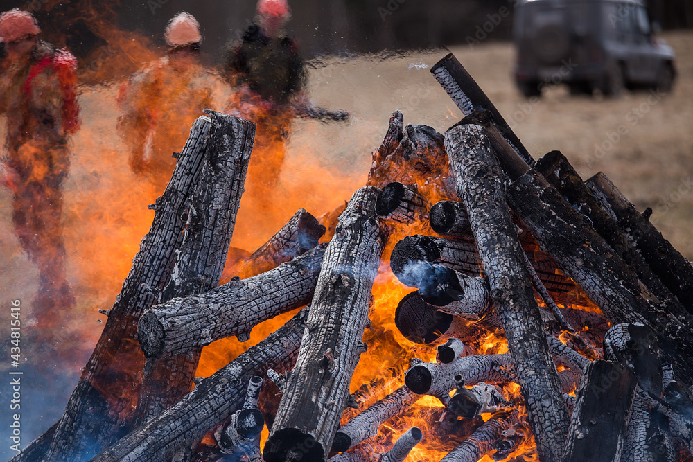 a band of fire in the field. the fire brigade extinguishes the fire ...
