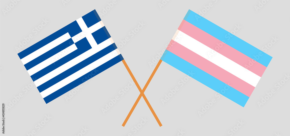Crossed flags of Greece and transgender pride. Official colors. Correct ...