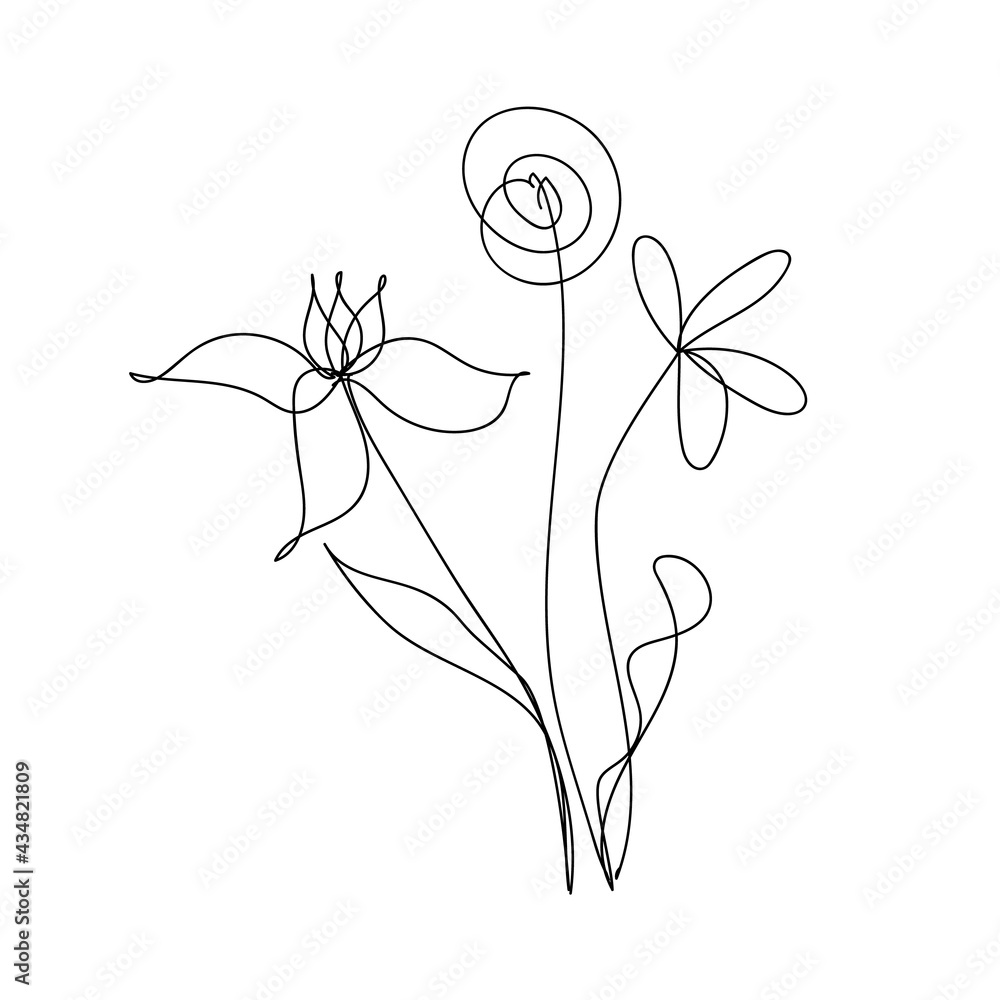 Abstract bouquet of flowers in a trendy linear style. Flowers one line ...