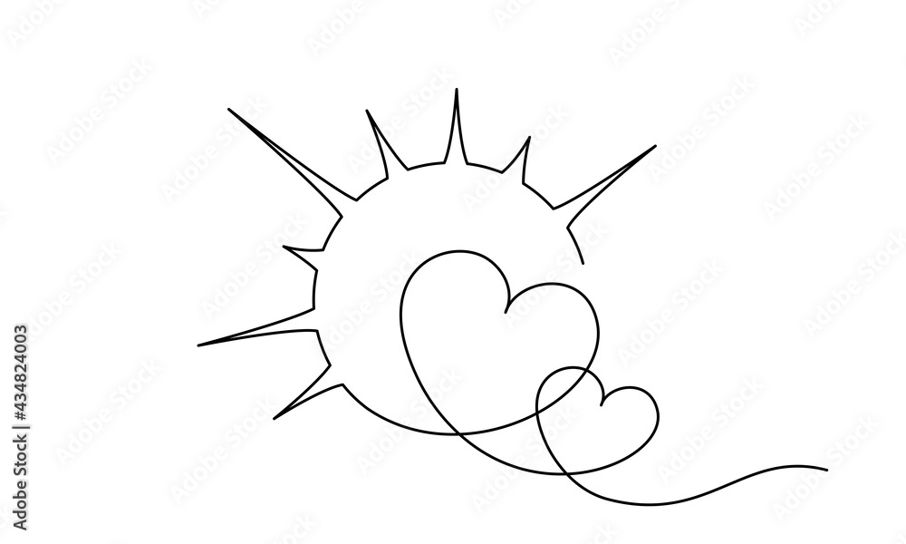 Two Hearts inside sun shape sign. One line drawing Stock Vector | Adobe ...