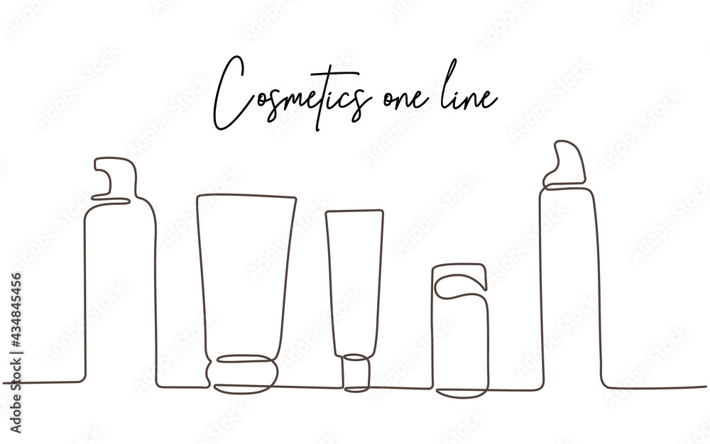 Cosmetics for skin care. Continuous one line drawing. Cosmetic bottles ...