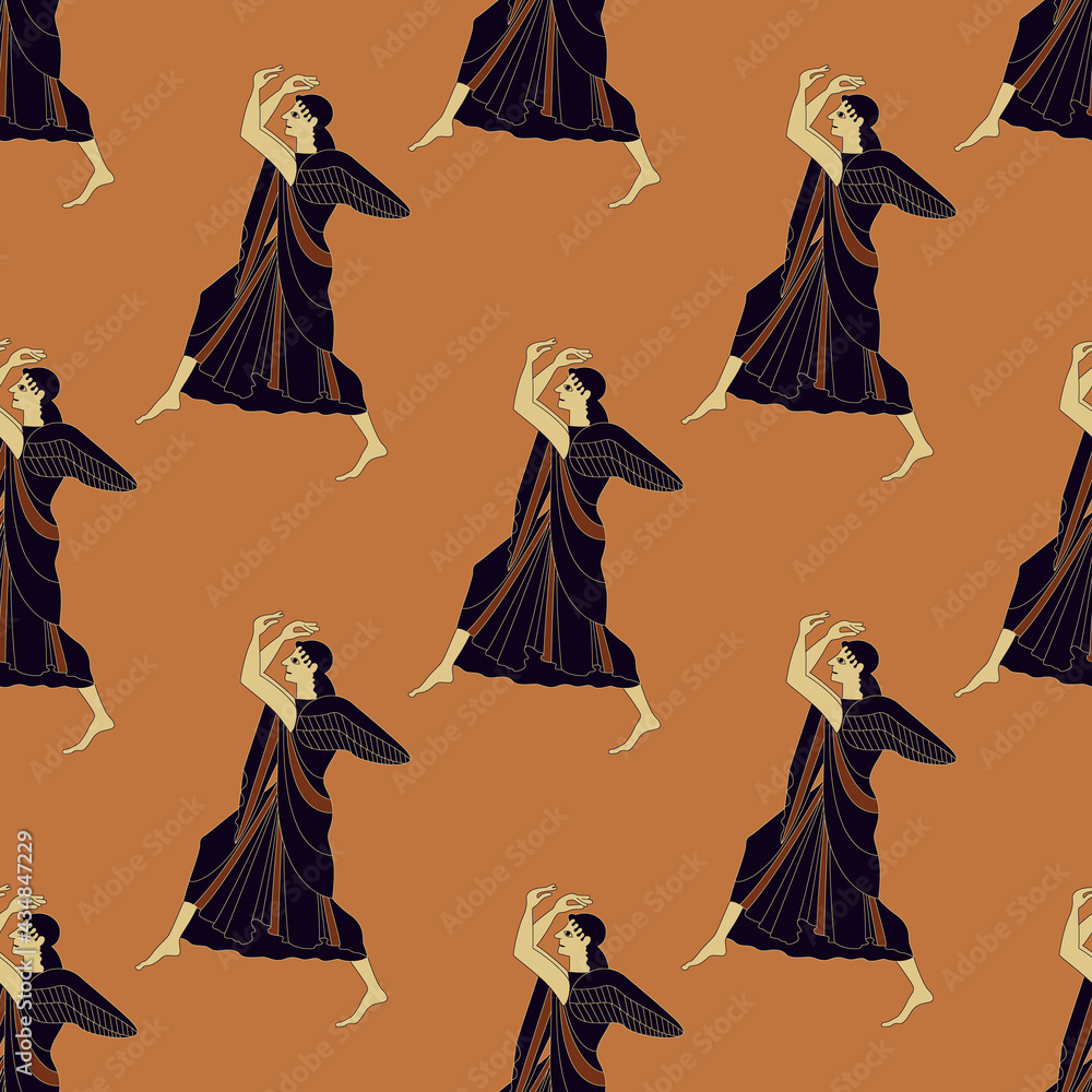Seamless ethnic pattern with winged ancient Greek goddesses. Vase ...