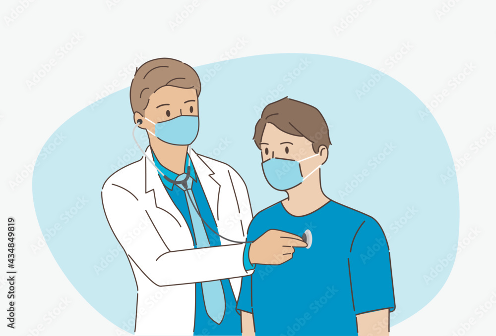 Man doctor examining man patient by stethoscope at clinic in healthcare ...