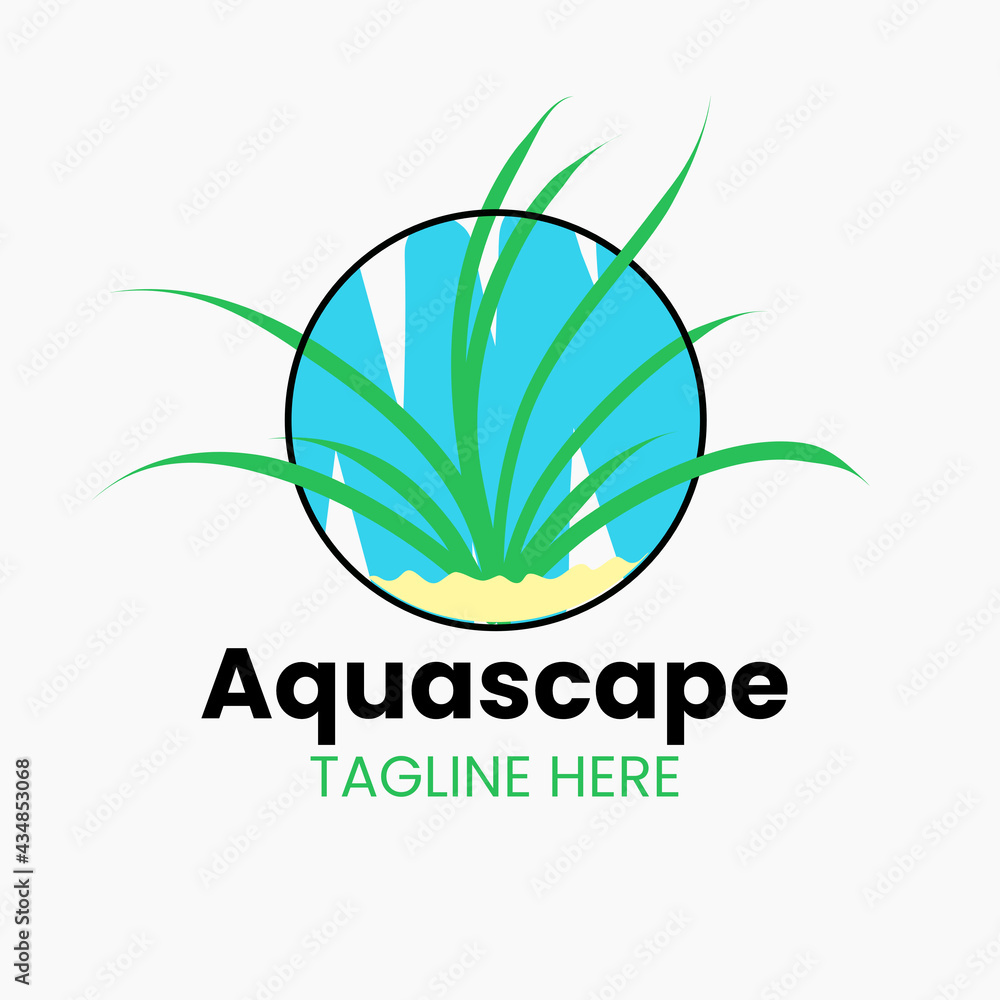 aquascape logo design vector illustration with grass, water and sand ...